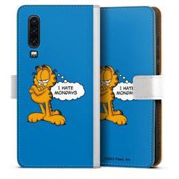 DeinDesign Handyhülle Garfield Katze Spruch Garfield I Hate Mondays Blue, Huawei P30 Hülle Handy Flip Case Wallet Cover Handytasche Leder, weiß