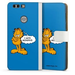 DeinDesign Handyhülle Garfield Katze Spruch Garfield I Hate Mondays Blue, Huawei Honor 8 Hülle Handy Flip Case Wallet Cover Handytasche Leder, weiß