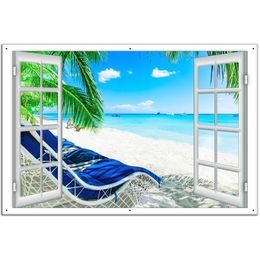 Wallario Sichtschutzzaunmatten Blick durch ein Fenster auf den Strand