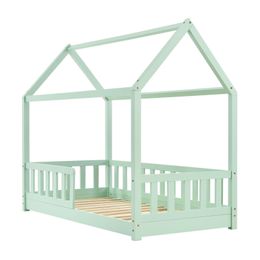 Juskys Kinderbett Marli 80 x 160 cm Rausfallschutz, Lattenrost & Dach mint Hausbett Holz