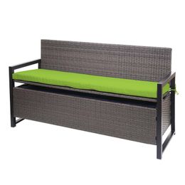 Poly-Rattan 3er Sitzbank MCW-F39, Gartenbank Truhenbank, Staufach Aufbewahrung Sitzkissen ~ grau-meliert, Kissen grün