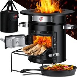 Kesser Raketenofen Inkl. Grillpfanne aus Gusseisen mit Tragetasche Dutch Oven bbq Rakete Holzofen Camping Campingkocher Campinggrill Edelstahl Schwarz