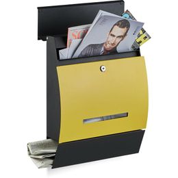 Design Briefkasten mit Zeitungsfach, Pulverbeschichtet, HxBxT: 45 x 35 x 11 cm, Wandbriefkasten, schwarz-gelb - Relaxdays