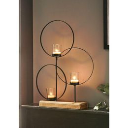 Dekoleidenschaft - Windlicht Ringe aus Metall, schwarz, mit Sockel aus recyceltem Holz, 3 Teelichtgläser, Teelichthalter, Windlichtglas