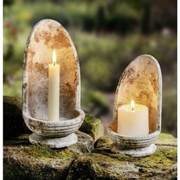 2x Kerzenhalter Stone in Steinoptik, aus Steingut, Windlicht wetterfest, Kerzenständer, Gartendeko für Draußen