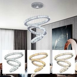 Greelustr - 3 Farben in einer luxuriösen modernen Kristallleuchter-LED-Pendelleuchte diy verstellbare Deckenleuchte aus Edelstahl mit 3 Ringen