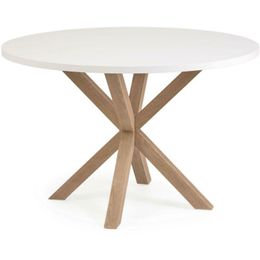 Tisch Argo aus Melamin mit weißer Oberfläche und Stahlbeinen in Holzoptik ø 120 cm - Kave Home