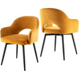 2er Set Esszimmerstühle Modern Küchenstühle 360° drehbar Polsterstuhl mit Metallbeine für Esszimmer, Samt, Gelb