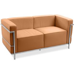 PRIVATEFLOOR Sofa mit Lederbezug - 2-Sitzer - Kart Hellbraun - Leder, Rostfreier Stahl, Leder, Metall - Hellbraun