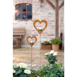 Dekoleidenschaft - 2x Gartenstecker Herz aus Metall in Rost Optik, mit Silberkugel, 96 + 120 cm hoch, Dekostecker, Roststecker, Gartendeko für Draußen
