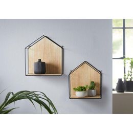 2x Wandregal Haus aus Metall & Holz, Dekoregal, Blumenregal, Wanddeko