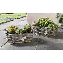 Dekoleidenschaft - 2x Blumenkasten aus Zink, Rinde & Weide, Pflanzkasten, Kräutertopf, Balkonkasten, Pflanzgefäß, Gartendeko für Draußen