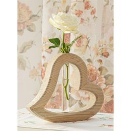 Dekoleidenschaft - Holzherz Väschen, 20 cm hoch, Dekofigur in Herzform aus Holz & Glas, Tischvase, Design Blumenvase, Set Herz mit Vase