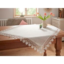 Tischdecke Spitzenblümchen weiß, 85x85 cm, mit Häkelborte, Tischtuch