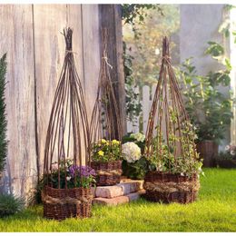 3x Pflanzkorb aus Weide & Stroh, Blumentopf mit Rankhilfe, Pflanzgefäß mit Rankgitter, Gartendeko, Pflanzschale