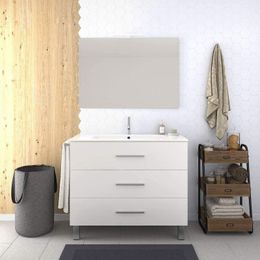 Waschbeckenunterschrank auf Standfüßen kayla mit Keramik Waschtisch und Spiegel - 3 Schubladen - Handtuchhalter als Geschenk- Weiß - 90CM