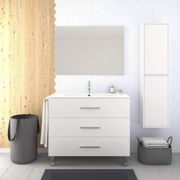 Waschbeckenunterschrank auf Standfüßen kayla mit Keramik Waschtisch und Spiegel - 3 Schubladen - Handtuchhalter als Geschenk- Weiß - 80CM mit