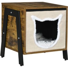 PawHut Katzenhöhle im Industriedesign inkl. Kissen, Katzenhaus, waschbares Kissen, Braun + Weiß - Rustikal-Braun