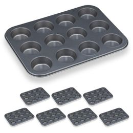 Relaxdays 8 x Muffinform, 12er Muffinbleche, Cupcakeblech antihaftbeschichtet, Carbonstahl, Muffins & Cupcakes, ø 6,5 cm, grau