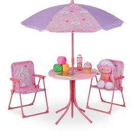 Camping Kindersitzgruppe, Kindersitzgarnitur m. Sonnenschirm, Klappstühle & Tisch, Einhorn Motiv, Garten, pink - Relaxdays