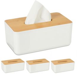 Relaxdays 4 x Tücherbox mit Deckel aus Bambus, fürs Bad, modernes Design, Kunststoff, Taschentuchbox, hbt 10x23x13 cm, weiß/natur