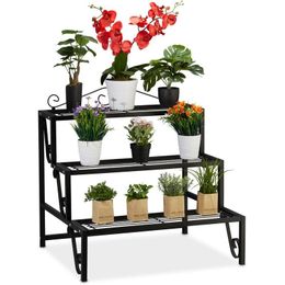 Blumentreppe Metall, 3 Stufen, Outdoor und Indoor, Pflanzentreppe mit Verzierung, hbt 69 x 70 x 60 cm, schwarz - Relaxdays