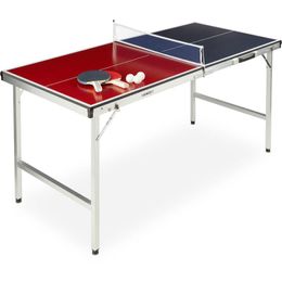 Klappbare Tischtennisplatte, tragbar, Netz, 2 Schläger, 3 Bälle, Alu, mdf, hbt: 67,5 x 151 x 67,5 cm, blau/rot - Relaxdays
