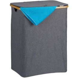 Wäschekorb mit Deckel, 130 l, Wäschesammler Bambus & Polyester, tragbar, atmungsaktiver Wäschesack, grau/natur - Relaxdays
