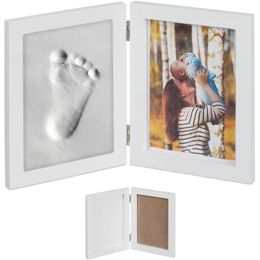 Relaxdays 2 x Babybilderrahmen mit Gipsabdruck, Set für Handabdruck oder Fußabdruck, diy Babyabdruck mit Bilderrahmen, weiß