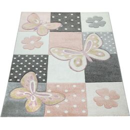 Kinder Teppich Kinderzimmer Bunt Rosa Schmetterlinge Karo Muster Punkte Blumen 240x340 cm - Paco Home