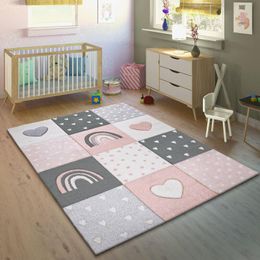 Kinderteppich Kinderzimmer Teppich Kurzflor Regenbogen Herz Punkte Rosa Weiß 200 cm Rund - Paco Home