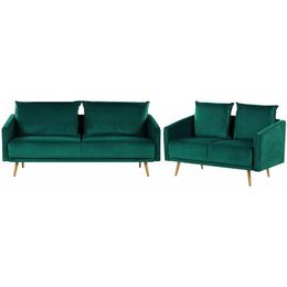 Beliani - Sofa Set Grün aus Samtstoff Sitzgruppe mit Metallbeinen und abziehbaren Kissenbezüge Langlebig Glamourös Edel Zierkissen Wohnzimmer - Gold