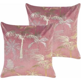 Beliani - 2er Set rosa Dekokissen Samt 45 x 45 cm Palmen Motiv Modern Traditionell Wohnzimmer Schlafzimmer - Rosa