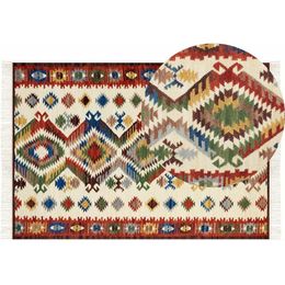 Beliani Kelim-Teppich Mehrfarbig Wolle 160 x 230 cm mit Fransen Geometrischem Muster Handgewebt Boho Orientteppich für Fußbodenheizung Geeignet - Bunt