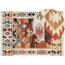 Beliani Kelim-Teppich Mehrfarbig Wolle und Baumwolle 160 x 230 cm mit Fransen Geometrischem Muster Handgewebt Boho Läufer für Fußbodenheizung Geeignet - Bunt