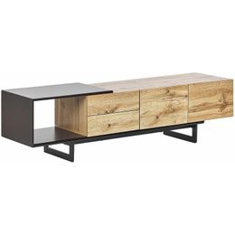 Beliani - TV-Möbel Schwarz / Heller Holzfarbton 44 x 160 x 39 cm Modern 2 Türe mit 2 Schubladen MDF-Platte Offenes Fach Praktisch Wohnzimmer