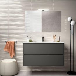 CAESAROO Badezimmer Badmöbel 100 cm aus mattgrauem Holz mit Porzellan Waschtisch mit spiegel und led Lampe