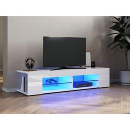 Tv Board 135x39x30cm Lowboard Unterschrank Weiß Hochglanz Glasböden mit led Beleuchtung - Sonni
