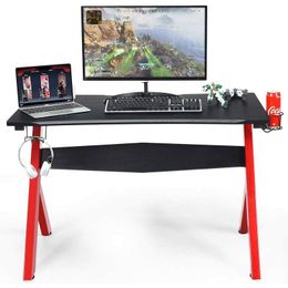 Gamingtisch Computertisch, Schreibtisch mit Tassen- und Kopfhoererhalter und Mauspad, Laptoptisch mit R-foermigem Stahlgestell - Costway