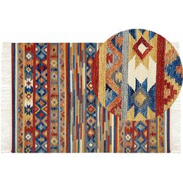 Beliani Kelim-Teppich Mehrfarbig Wolle 160 x 2300 cm mit Fransen Geometrischem Muster Handgewebt Boho Orientteppich für Fußbodenheizung Geeignet - Bunt