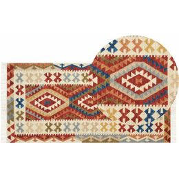 Beliani - Kelim-Teppich Mehrfarbig Wolle 80 x 150 cm mit Fransen Geometrischem Muster Handgewebt Boho Läufer Orientteppich für Fußbodenheizung