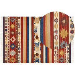 Beliani Kelim-Teppich Mehrfarbig Wolle 160 x 230 cm mit Fransen Geometrischem Muster Handgewebt Boho Orientteppich Fußbodenheizung Geeignet - Bunt