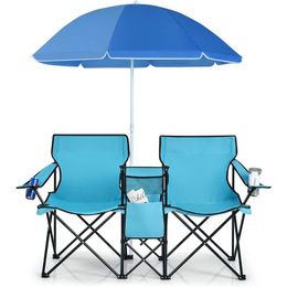 Campingstuhl mit Sonnenschirm, faltbar, mit Getränkehalter Kühltasche , Klappstuhl für Paare, Doppel Angelstuhl türkisgrün - Costway
