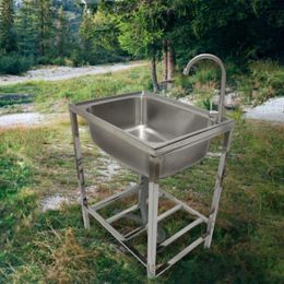 MONSTER SHOP Edelstahl-Metall-Camping-Spüle mit Wasserhahn und Abflussrohr Outdoor-Waschbecken freistehend tragbar - Silber