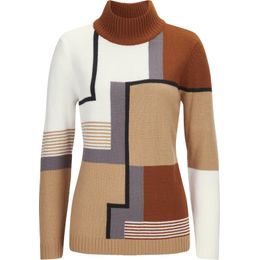 Damen Stehkragenpullover mit Intarsien-Strick ecru-camel-gemustert, Gr&ouml;&szlig;e 46