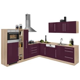 Kochstation Winkelküche KS-Samos, mit E-Geräten, Stellbreite 260 x 270 cm mit Stangengriffen aus Metall, lila