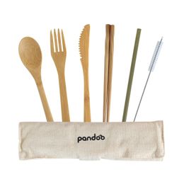 pandoo Besteck-Set Bambus Picknick und Reise Besteck-Set (6-tlg), 2 Personen, Bambus, Baumwolle