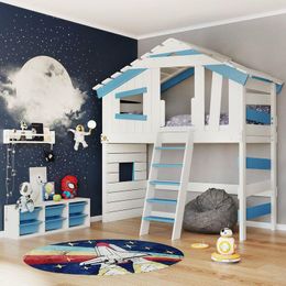 Hochbett - Kinderbett - Etagenbett Länge 200 x Breite 90 cm, ohne Zubehür - Blau - Bibex