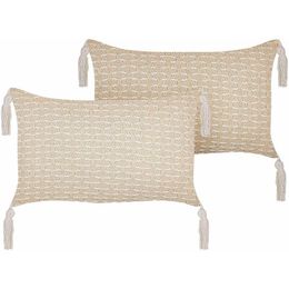 Beliani - 2er Set Streukissen Hellbeige 25 x 45 cm Wurfkissen mit geometrischen Mustern Fransen Abnehmbarer Bezug mit Füllung - Beige