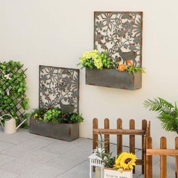 2er Pflanzkasten hängend & freistehend, Wand Blumenkasten mit Spalier & Haken, dekorativen Hochbeet, Metall Muster-Blume - Costway